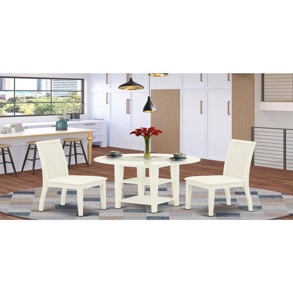 East West Furniture 3-Piece Linen White Finish Round Solid Wood Top ...