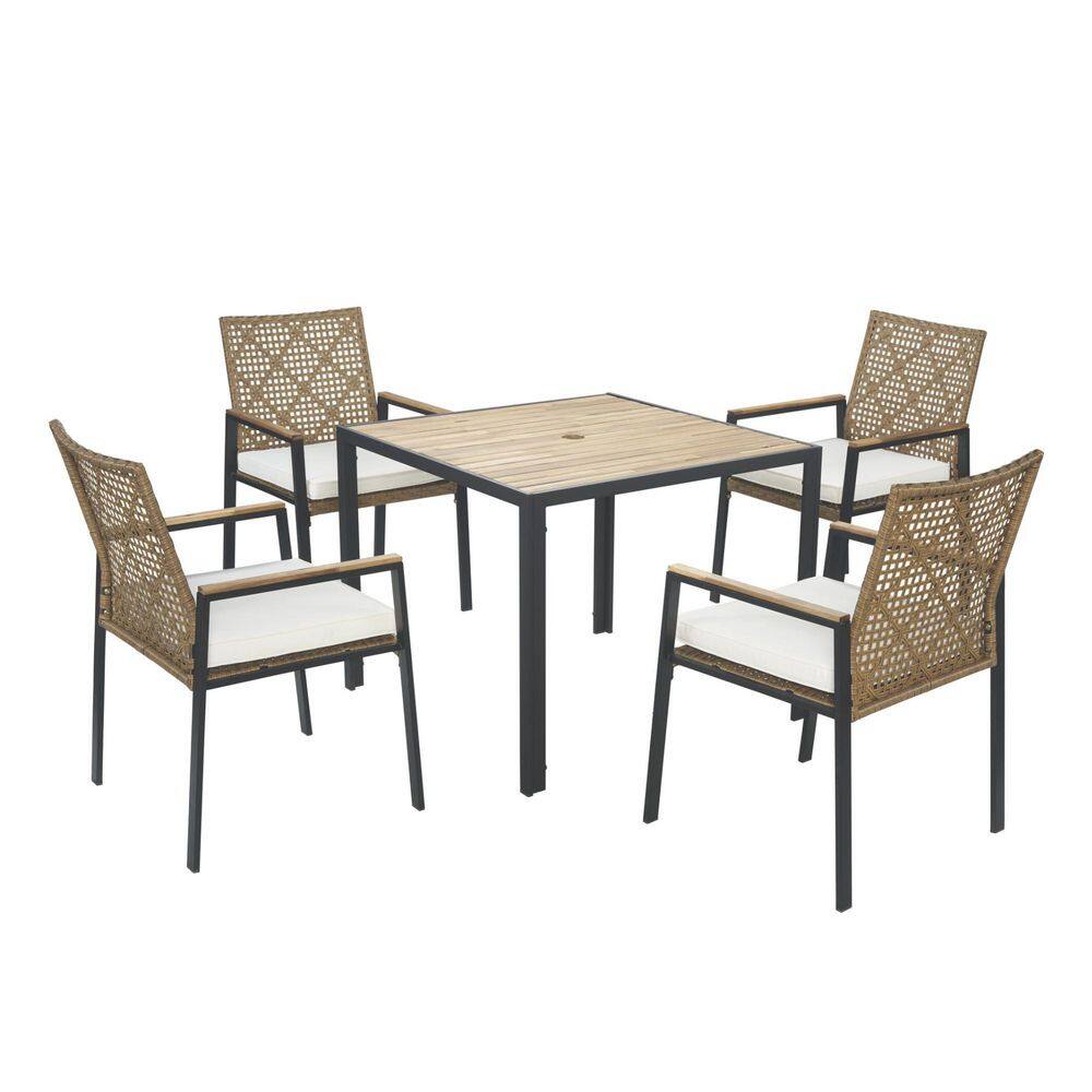 Yellow All Weather 5-Piece Metal Outdoor Dining Set with Acacia Wood Table Top, Umbrella Hole ...