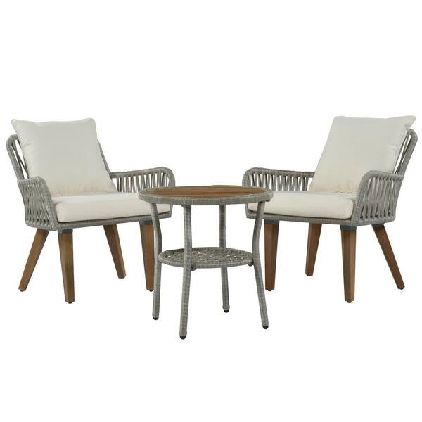 AOPSPS Patio 3-Piece Bistro Set Woven-Rope Conversation Set with Wood ...