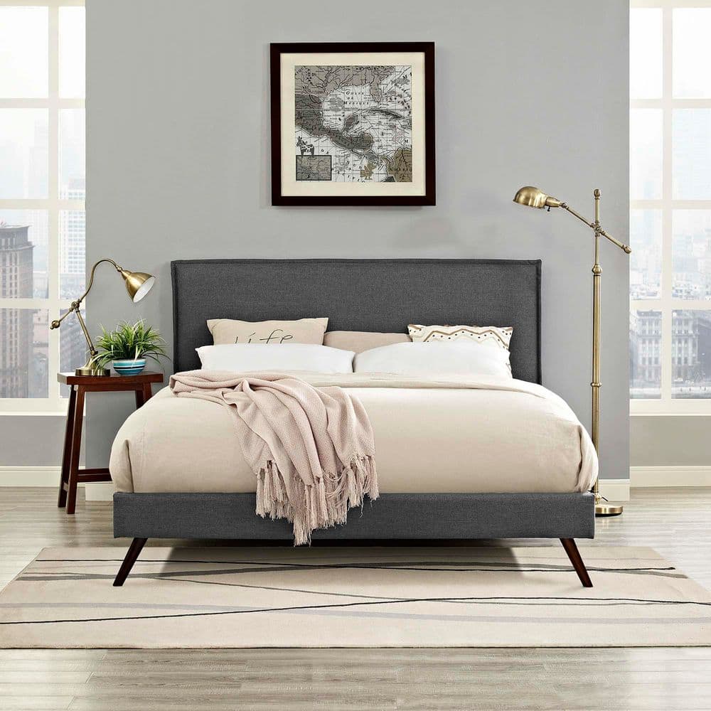 MODWAY Amaris in Gray Upholstered Fabric Frame Queen Platform Bed with ...