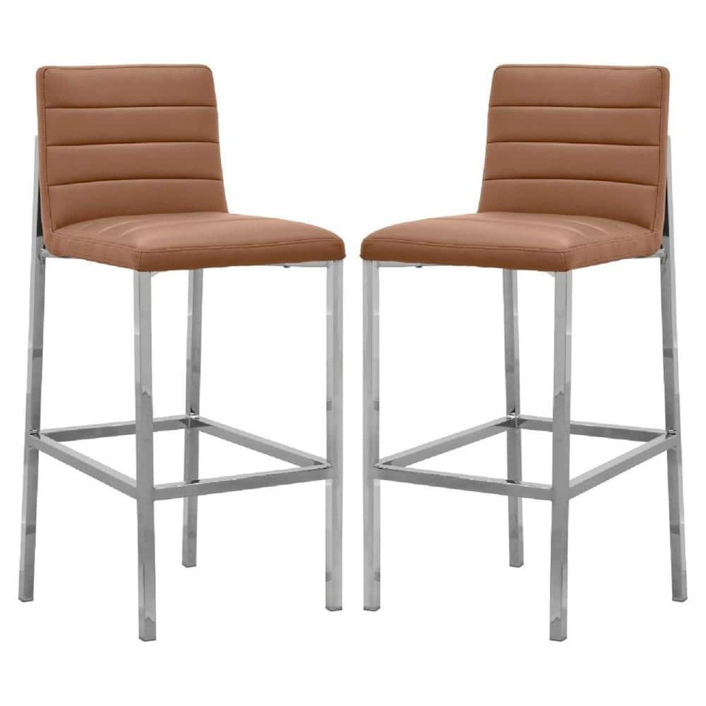 Benjara 38 in. Brown and Chrome Low Back Metal Frame Bar Stool with ...