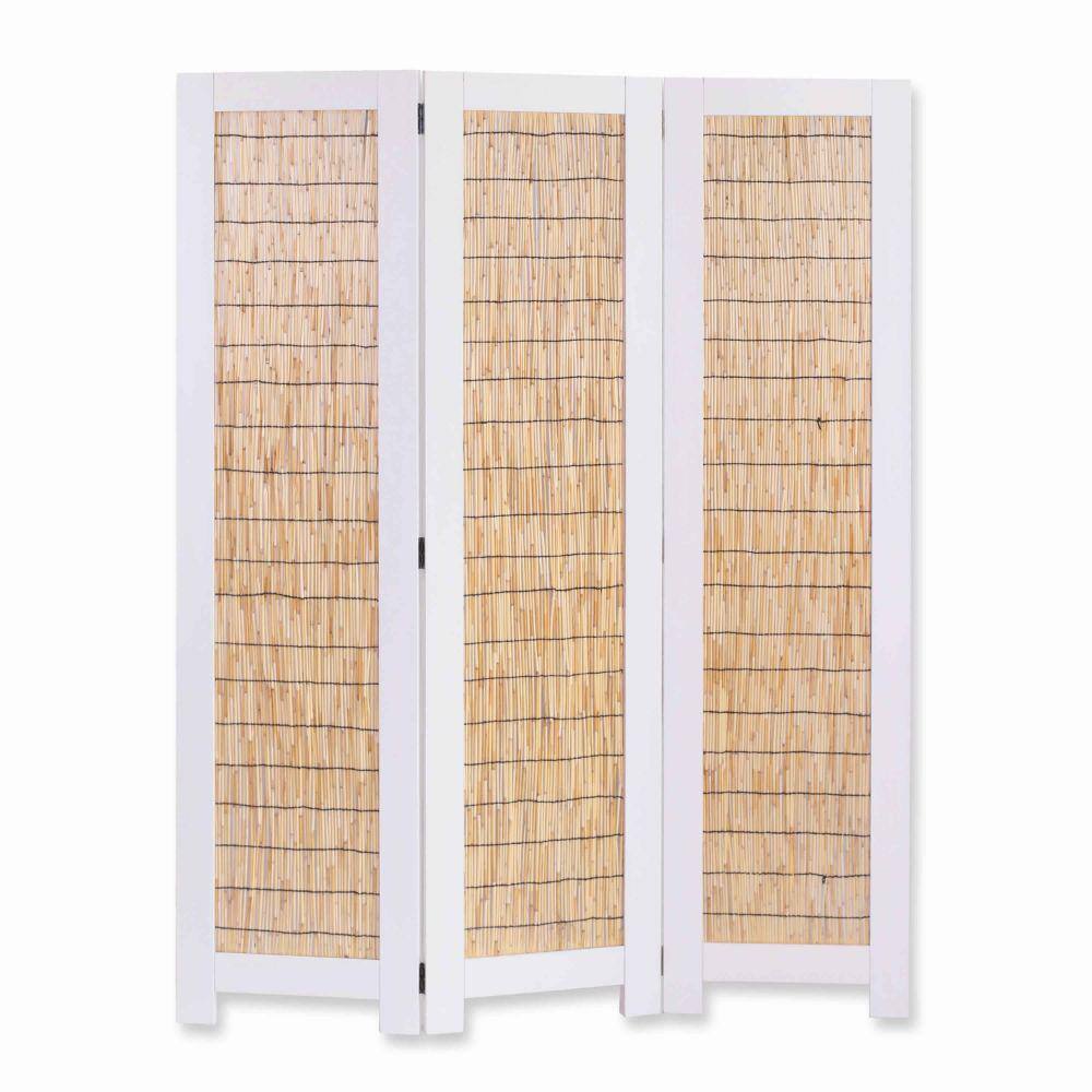 Benjara Transitional White and Brown 3-Panel Wooden Screen with Wicker ...
