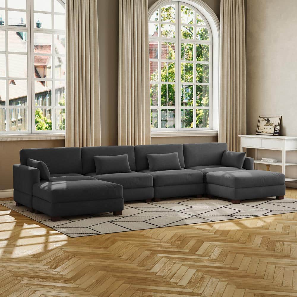 Uixe 160 in. Square Arm 6-piece Corduroy Upholstered U-Shaped Sectional ...
