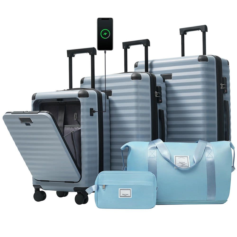 Merax 5 Bags 5-Piece Sky Blue Expandable ABS Hardside Luggage Set with ...