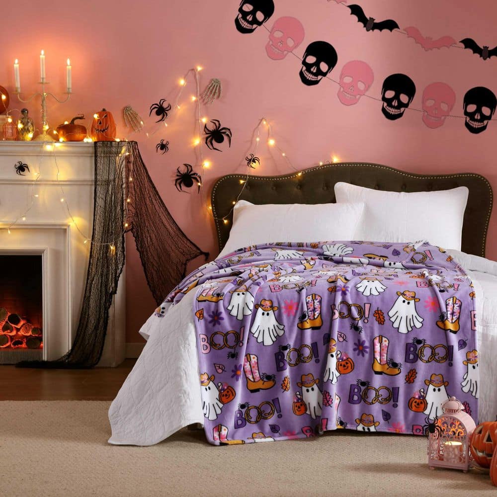 BETSEY JOHNSON Howdy Ghouls 1-Piece Lavender/Pink Ultra Soft Plush Fleece 50 in. x 70 in. Throw ...