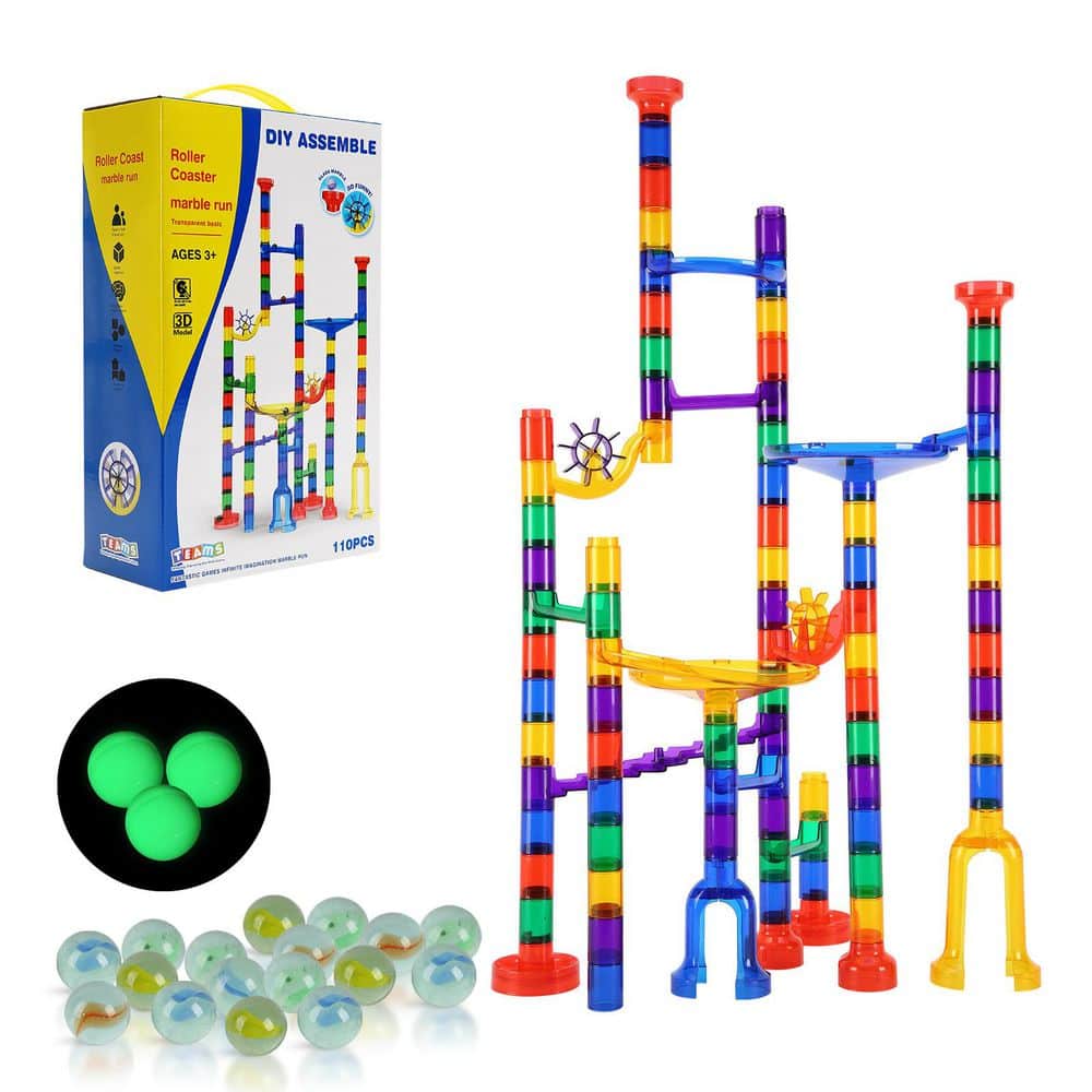 SKYSHALO Marble Run Set, 110 Piece Marble Maze Building Block Brain ...