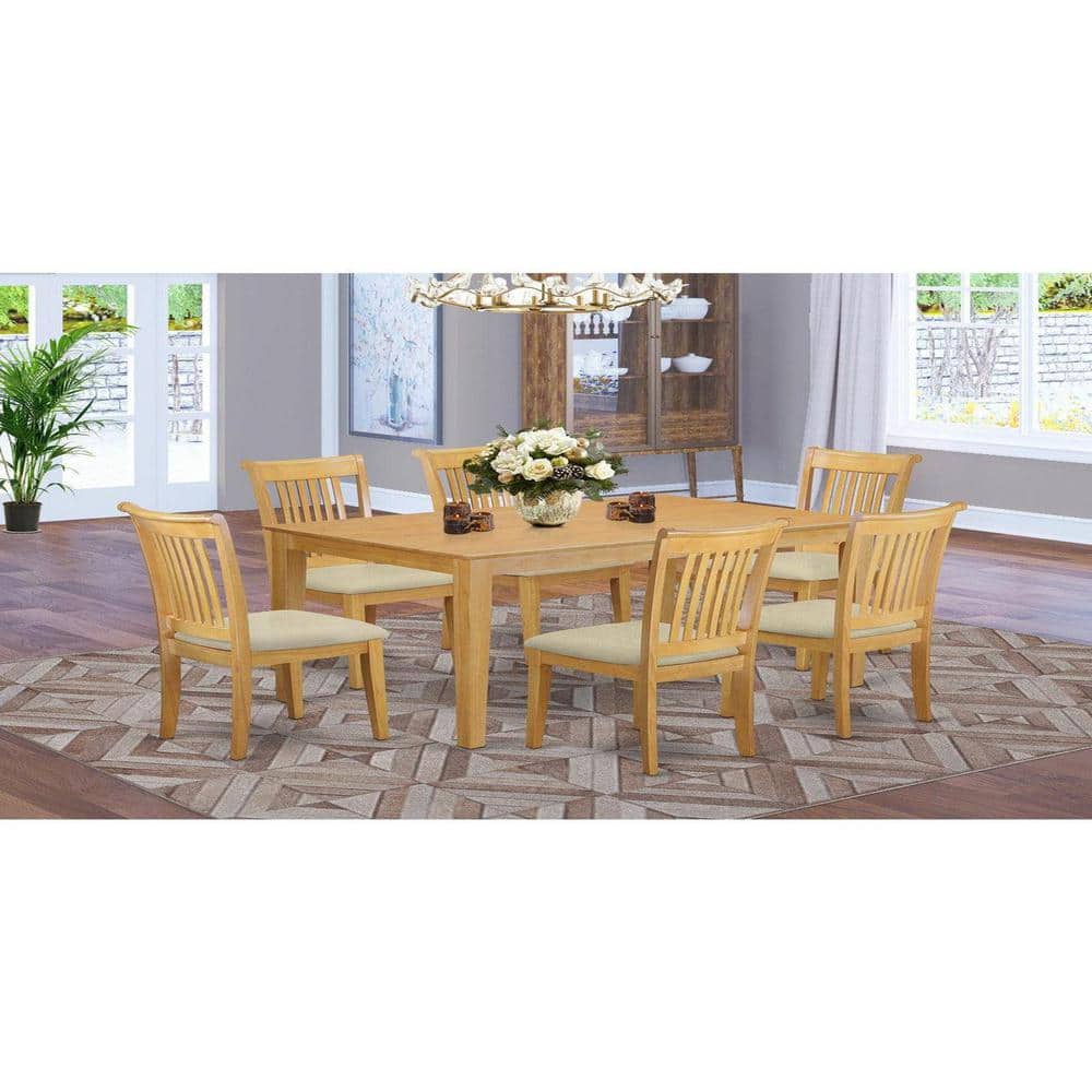 East West Furniture 7-Piece Natural Oak Finish Solid Wood Top Dining Table with 6 Chairs with ...