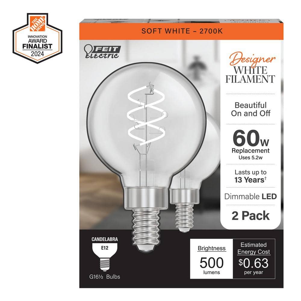 Feit Electric 60-Watt Equivalent G16.5 Double Spiral White Thin ...