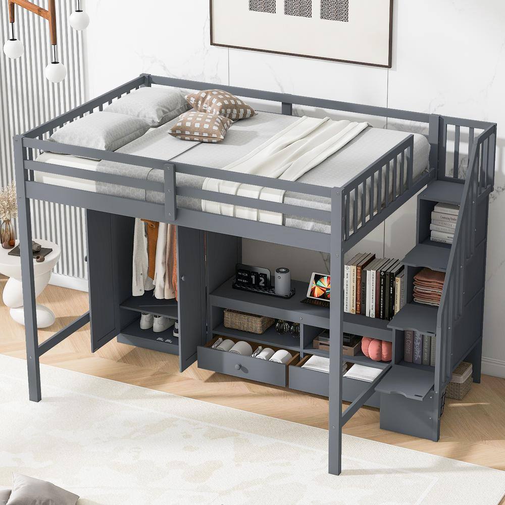 Qualler Gray Full Loft Bed with Wardrobe, Storage Staircase and Drawers ...