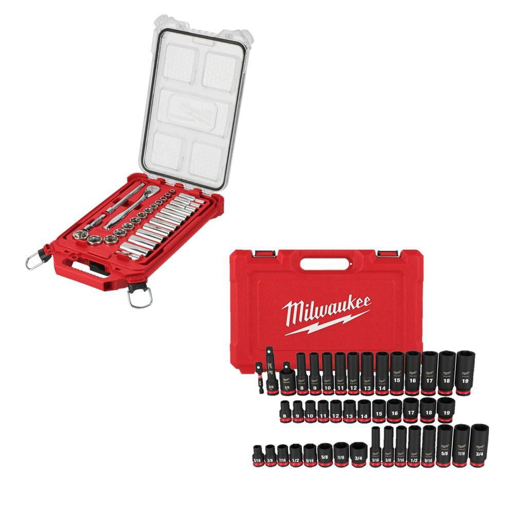 Milwaukee 3/8 in. Drive SAE Ratchet and Socket Mechanics Tool Set with 3/8 in. Drive SAE/Metric ...