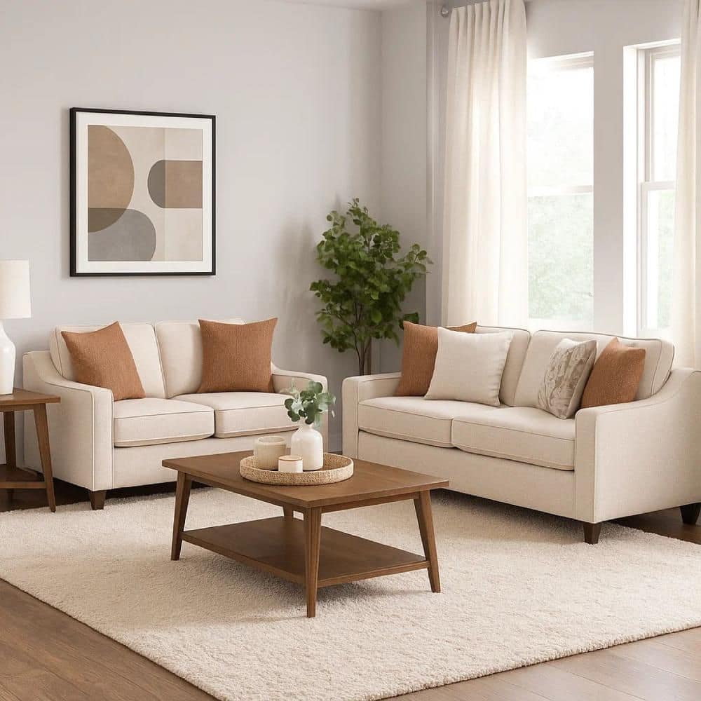 Benjara Kristy 2-Piece Beige Chenille Modern Sofa Loveseat Living Room ...