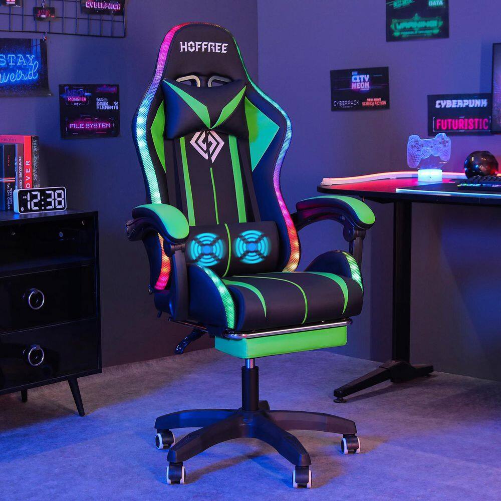 Hoffree Faux Leather Massage Reclining Ergonomic Gaming Chair in Green ...