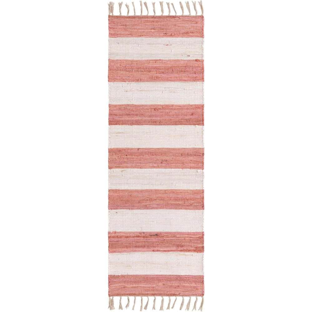 Unique Loom Chindi Rag Striped Coral and Ivory 2 ft. 2 in. x 6 ft. 1 in ...