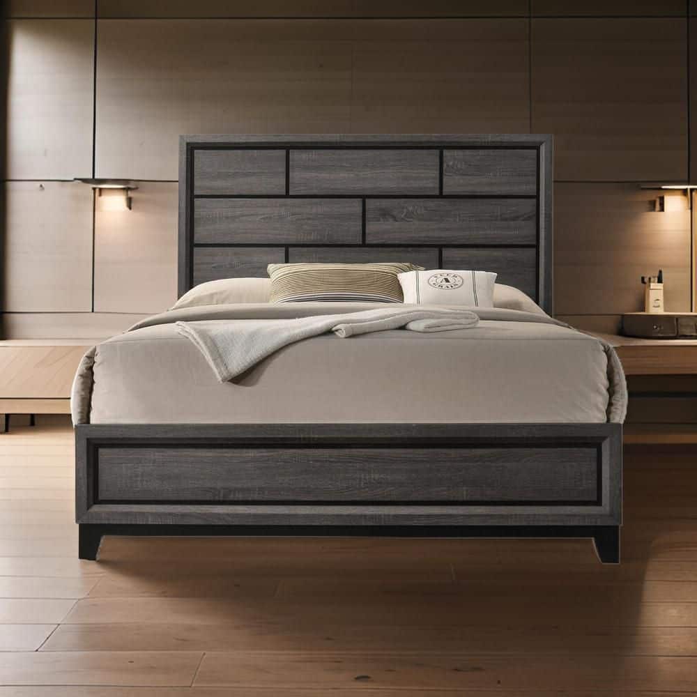 Benjara Erica Gray and Black Wood Frame Queen Panel Bed with Panel ...