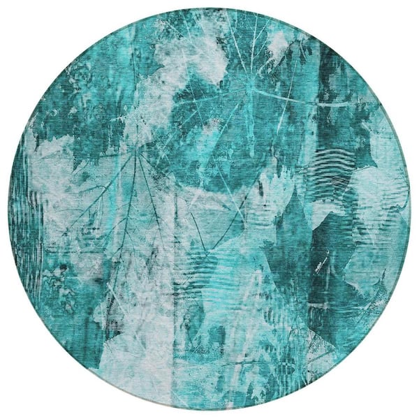 HomeRoots Teal 8 ft. Round Woven Floral Round Indoor/Outdoor Area Rug ...