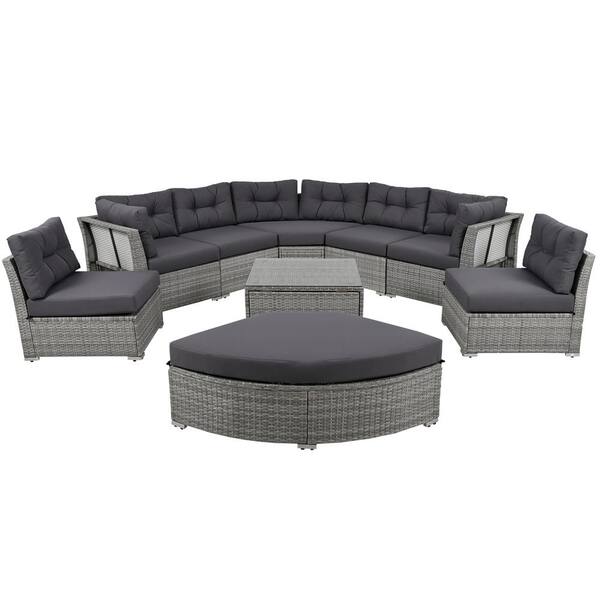 Harper Bright Designs Gray Wicker Outdoor Modular Sectional Set with Gray Cushions and Storage Center Table CJHW002AAE