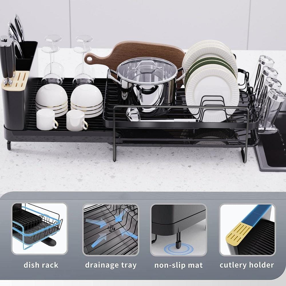 Adrinfly Black Large Drying Rack with Drainboard Set, Utensil and Cup ...