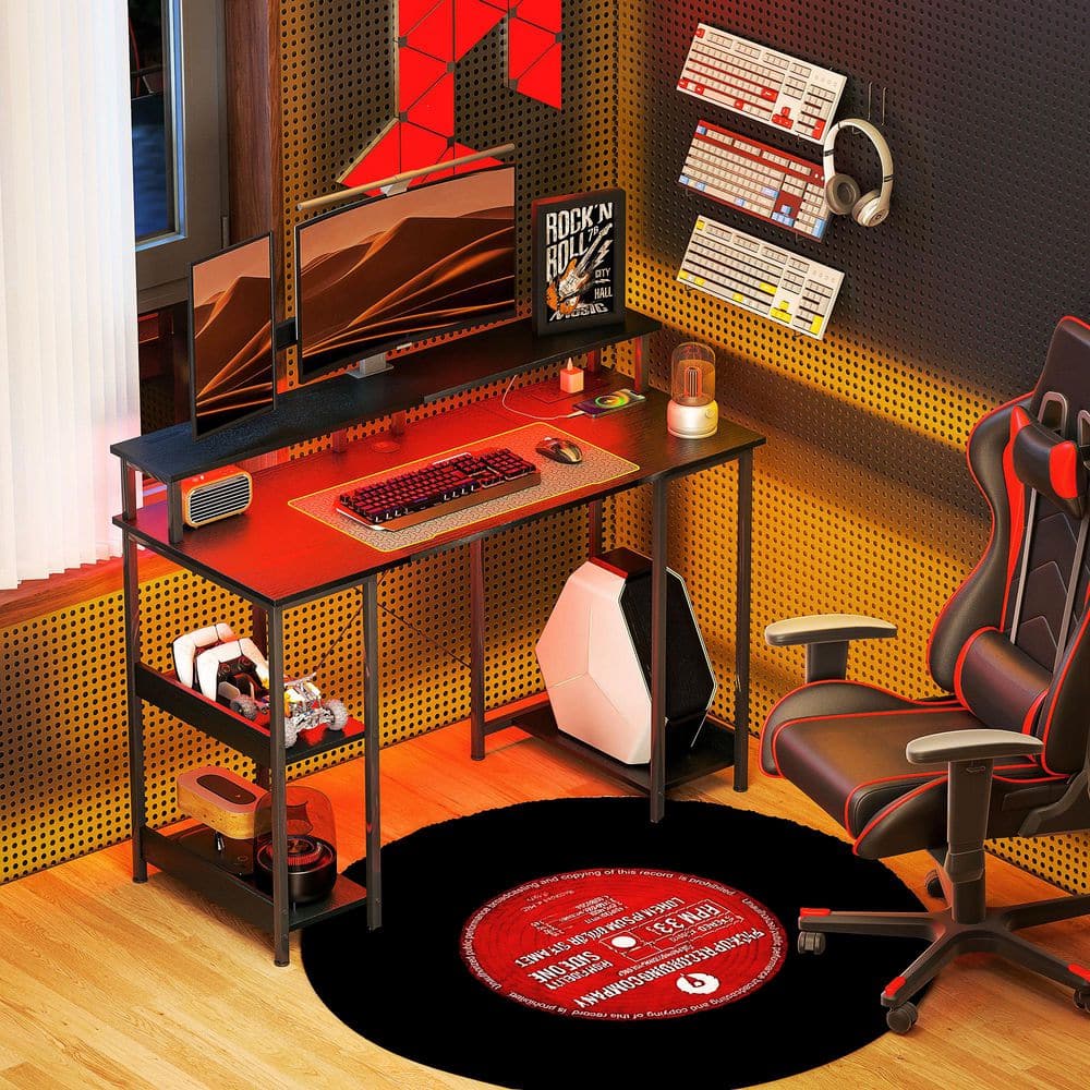 HOMCOM 47 in. Black Reversible Computer Desk with Power Outlets and LED ...