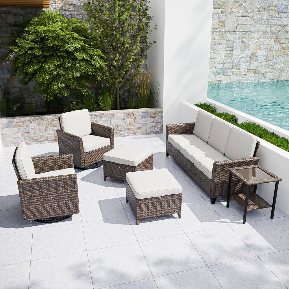 COOS BAY Brown Rattan Wicker 6-Piece Outdoor Patio Conversation Set with Beige Cushions, Side ...
