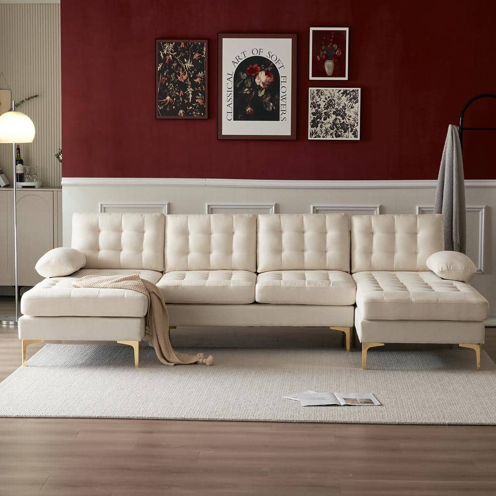 Karl home 110 in. Padded Arm 3-Piece Polyester U-shaped Sectional Sofa in. Beige with Pull Point ...
