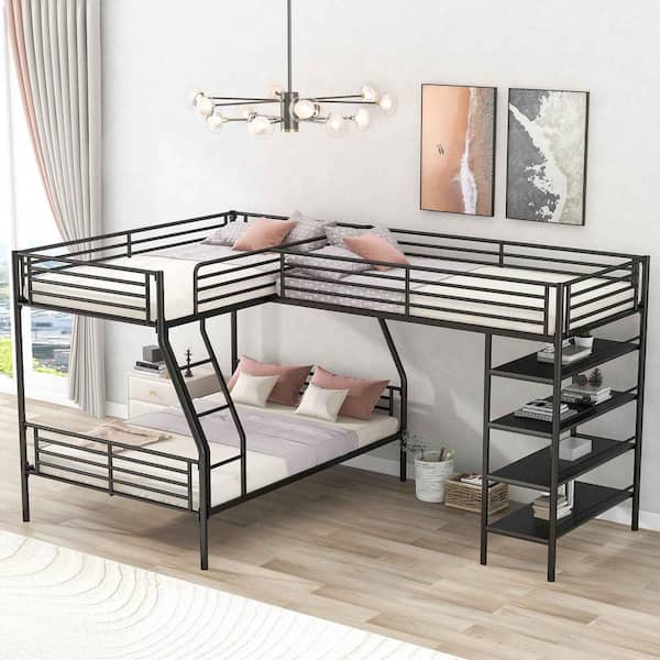 Polibi Black L-Shaped Metal Twin over Full Bunk Bed and Twin Size Loft ...