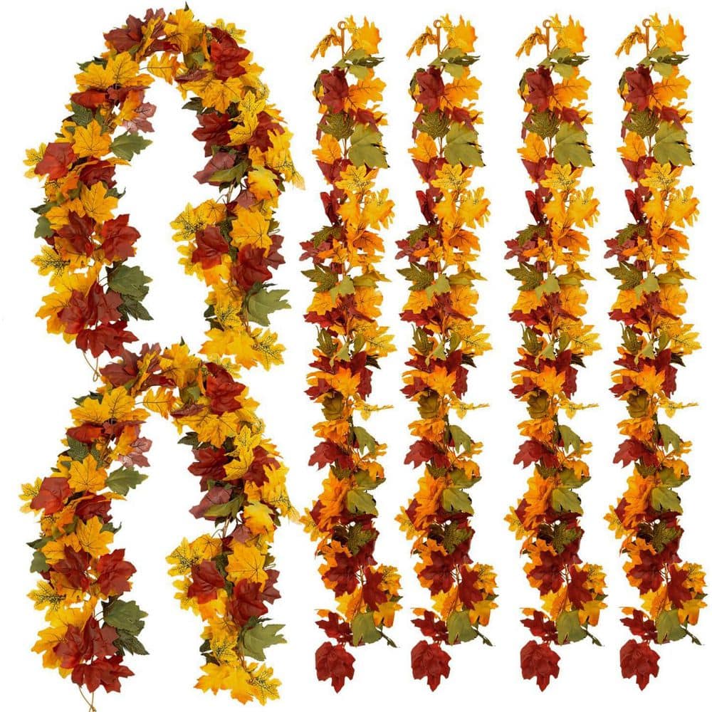 6PCS 5. 6Ft Yellow and Green Fall Artificial Maple Leaf Autumn Garland ...