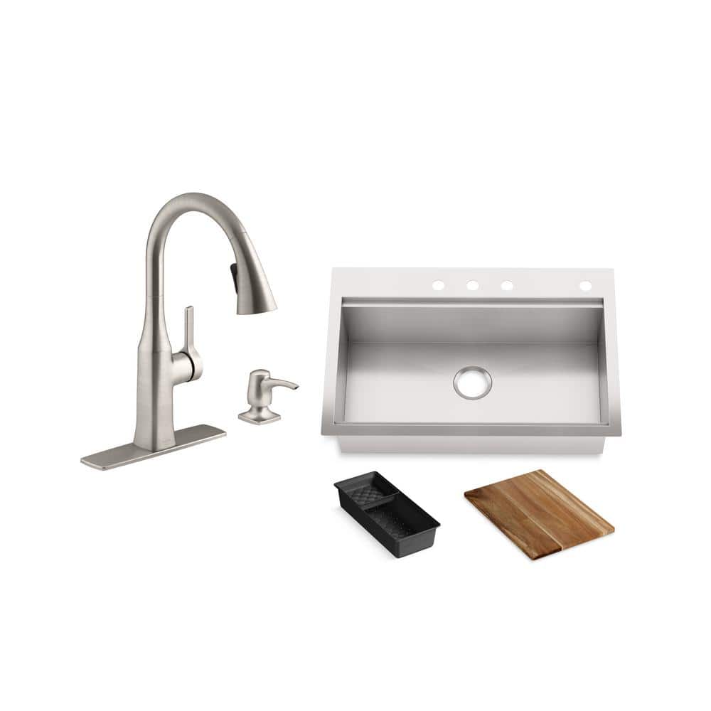 KOHLER Lyric Workstation 33 in. Drop-In Stainless Steel Single Bowl ...