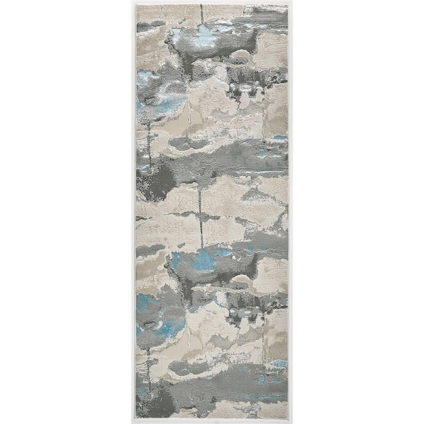 HomeRoots 2 ft. x 8 ft. Blue and Gray Abstract Area Rug 2000513071 ...