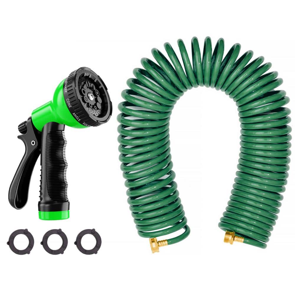 Aokia 3/4 in. x 25 ft. Outdoor Coil Garden Hose with 10-Way Nozzle ...