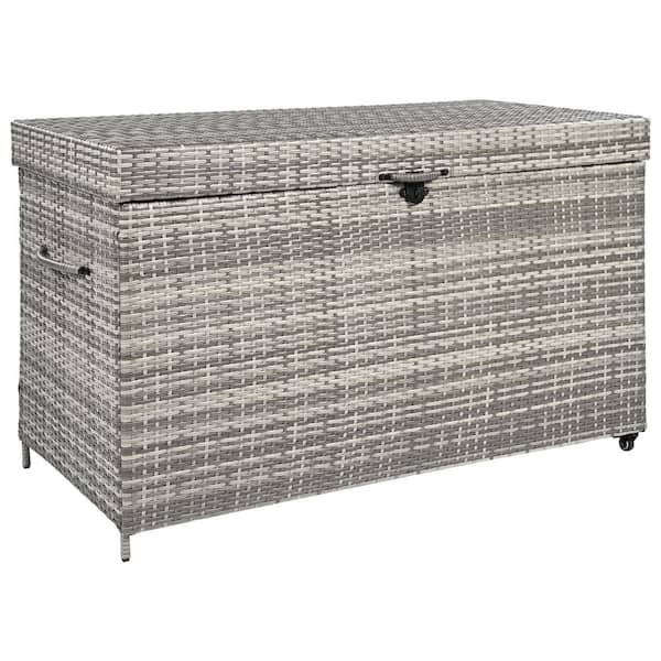 Grey 200 Gal. Lockable Wicker Deck Box with Wheels, All-Weather Outdoor ...