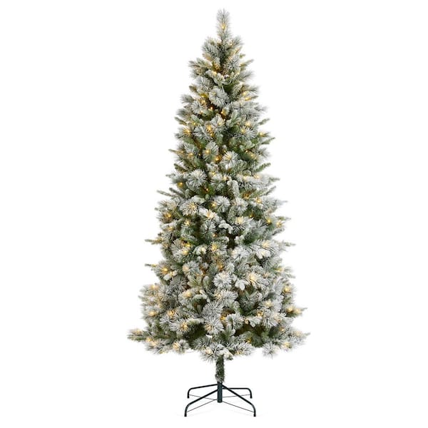 Glitzhome 7 ft. Deluxe Pre-Lit Flocked Pine Artificial Christmas Tree with 400 LED Light Bulbs ...