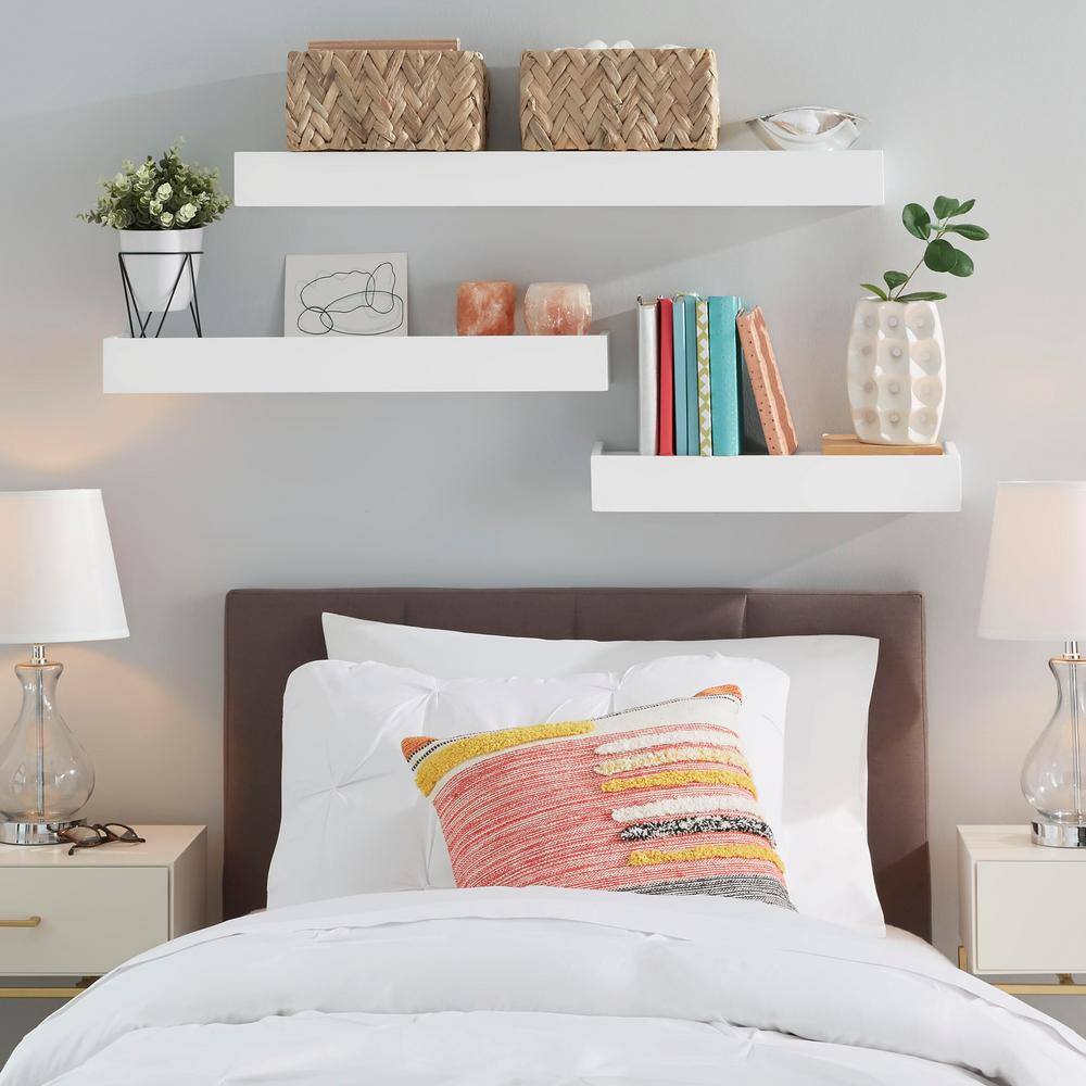 StyleWell Modern White Wood Floating Wall Shelf (Set of 3) (36" W x 3 ...
