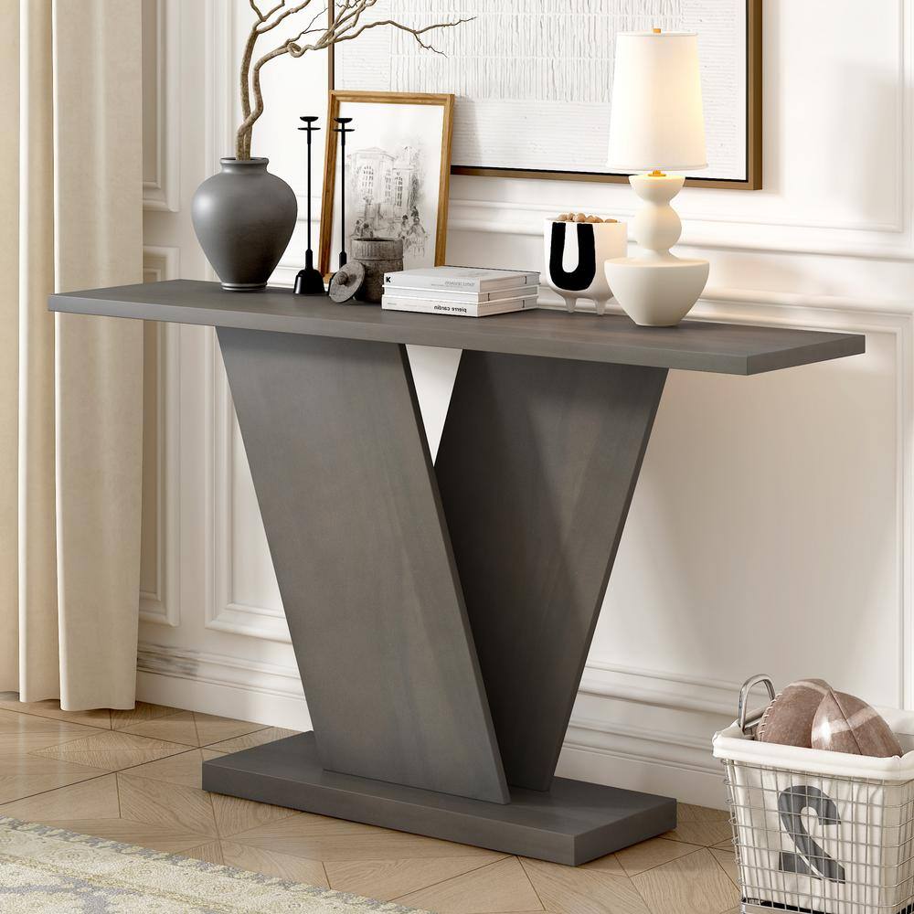 Harper & Bright Designs 60 in. Gray Rectangle Wood Console Table with V ...