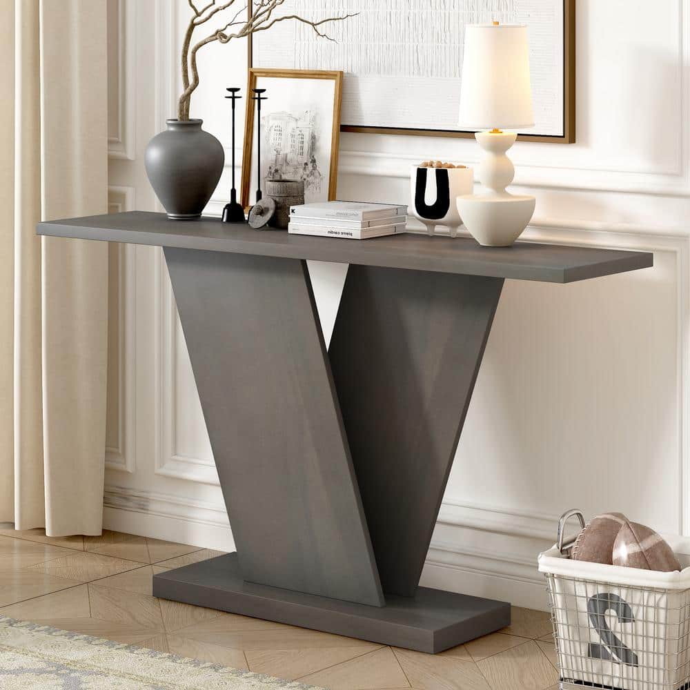 Harper & Bright Designs 60 in. Taupe Rectangle Wood Console Table with ...