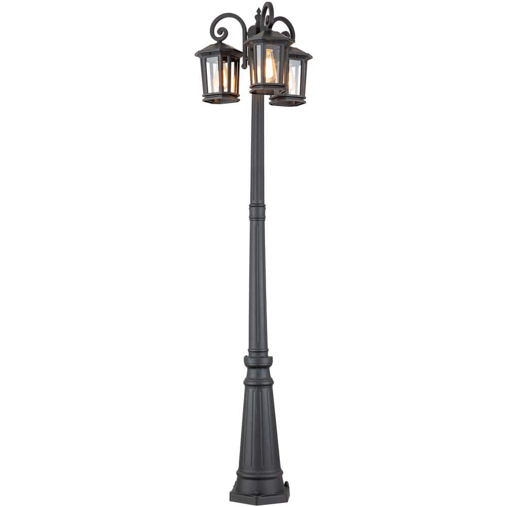 C Cattleya 76 in. 3-Light Black Outdoor Post Light with Clear Tempered ...