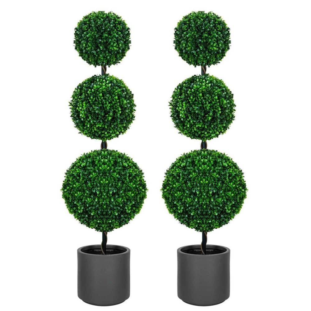 hykolity 3 ft. Artificial Triple Ball Topiary Tree in Gray Planter Pot ...