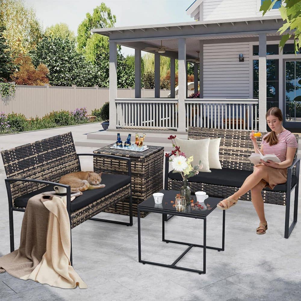 4-Piece Yellow Wicker Patio Conversation Set with Built-in Beverage ...