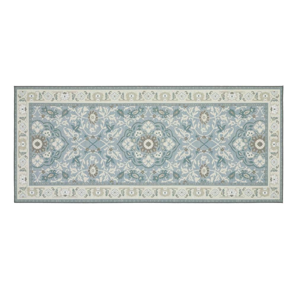 Laura Ashley Aurora Medallion Border Chenille Blue Ivory 2 ft. x 5 ft ...