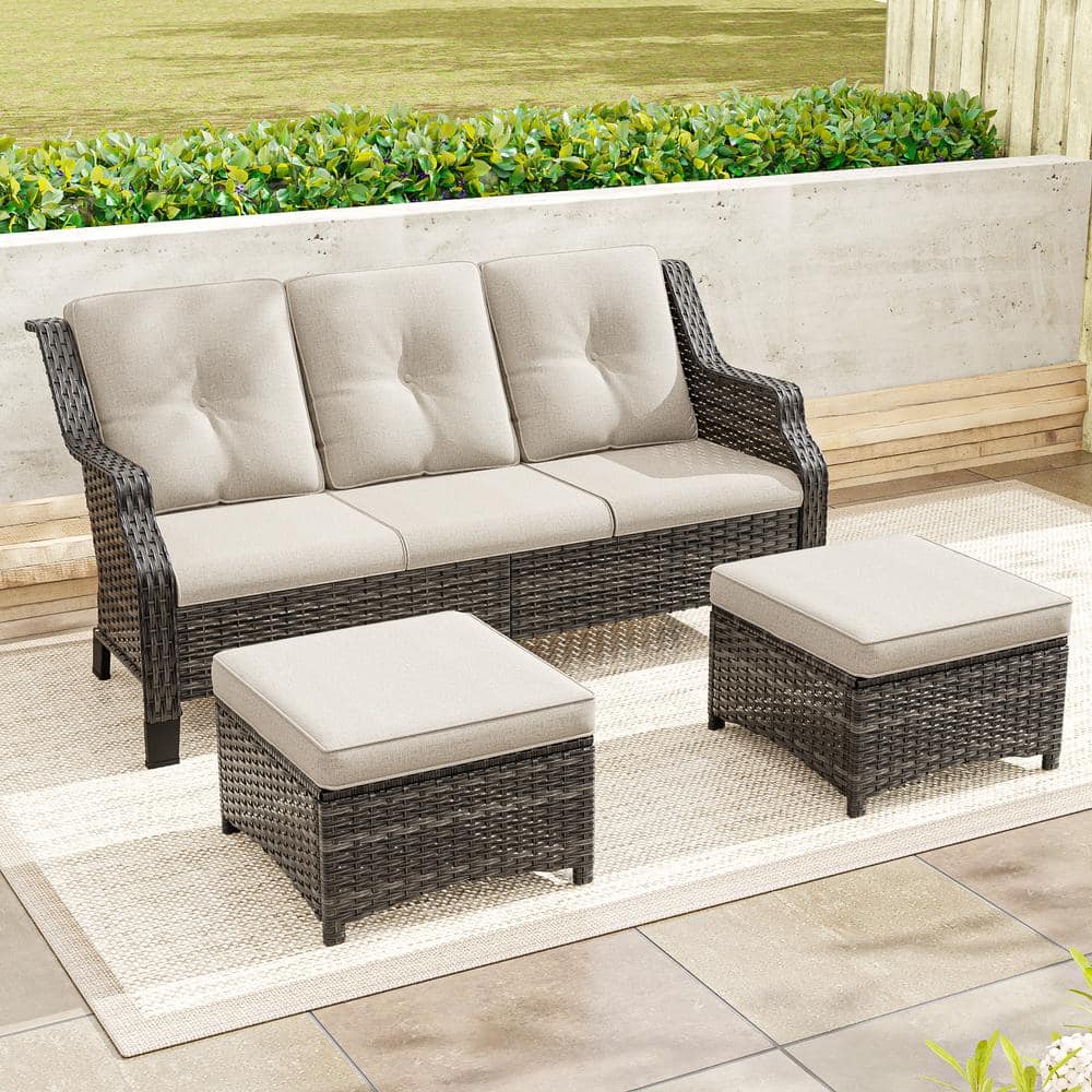 JOYSIDE Wicker Outdoor Patio Sofa Sectional Set with Beige Cushions and ...