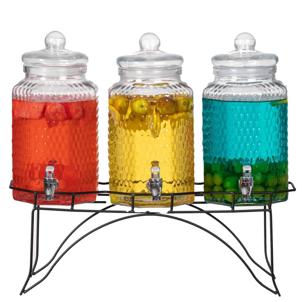 Basicwise 3-Piece Glass Drink Dispenser Set with Metal Stand and ...