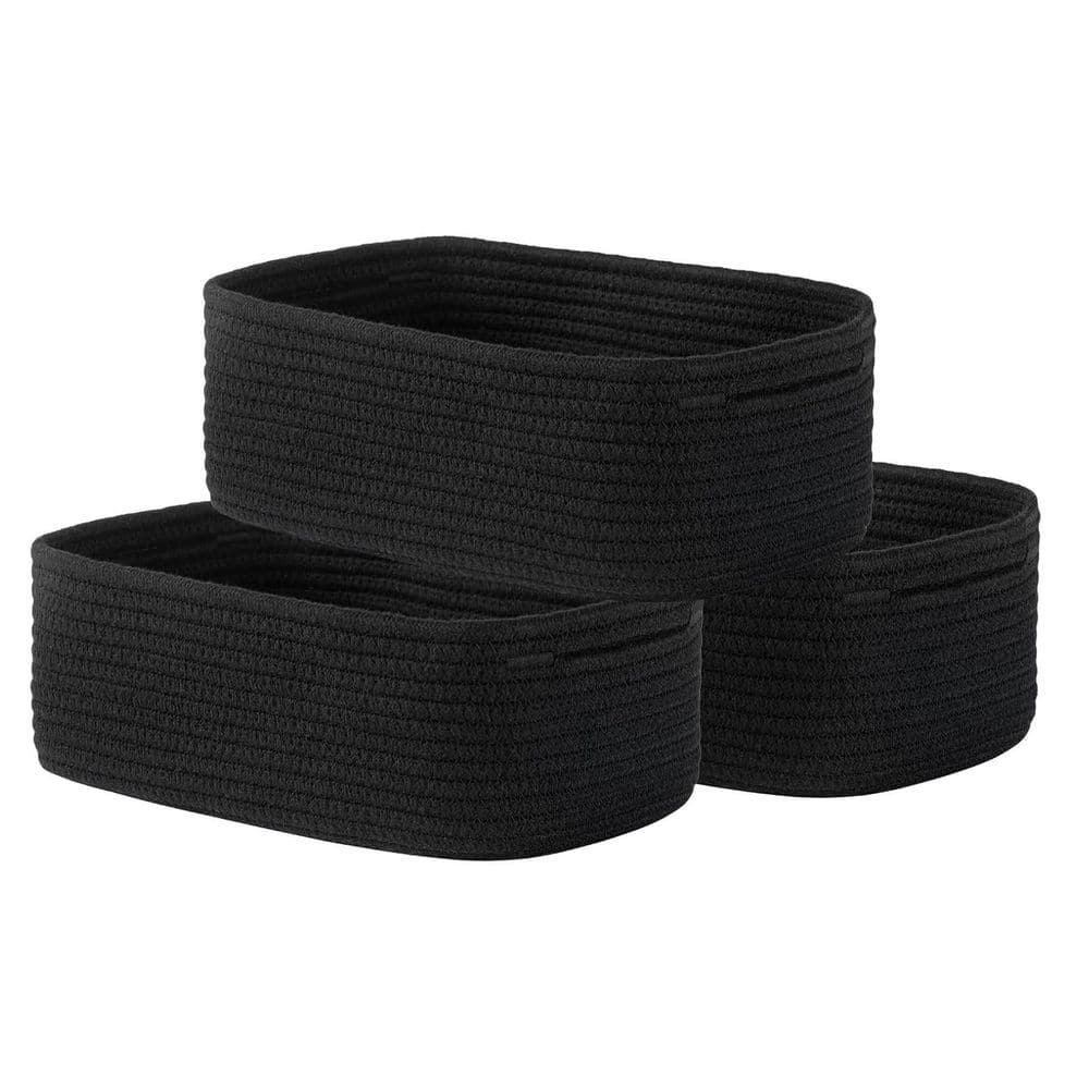 Black 12 in. x 4.5 in. Woven Basket 3 Packs, Cotton Storage Basket ...