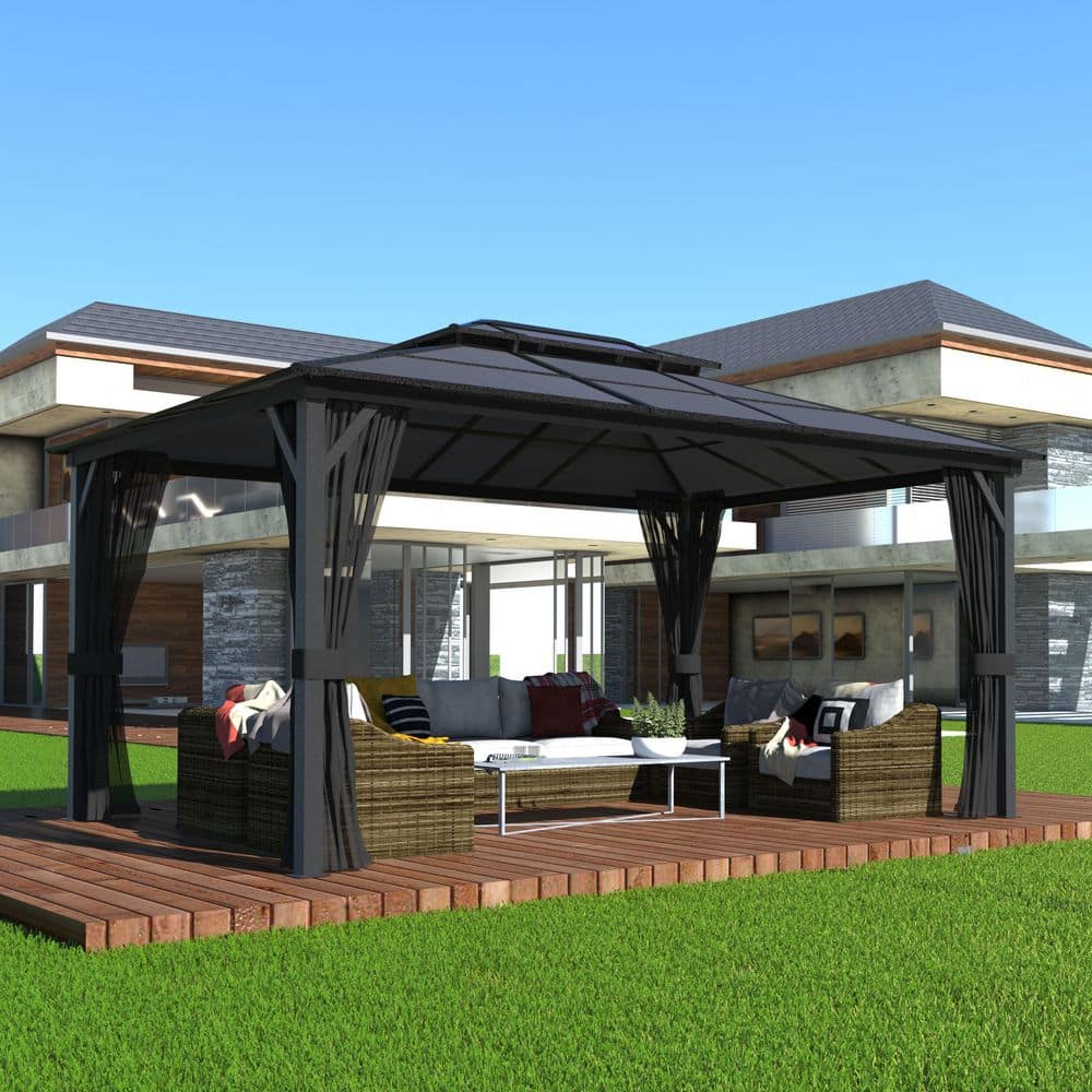 VEIKOUS 16 ft. W x 12 ft. D Aluminum Gazebo Polycarbonate Double Top ...