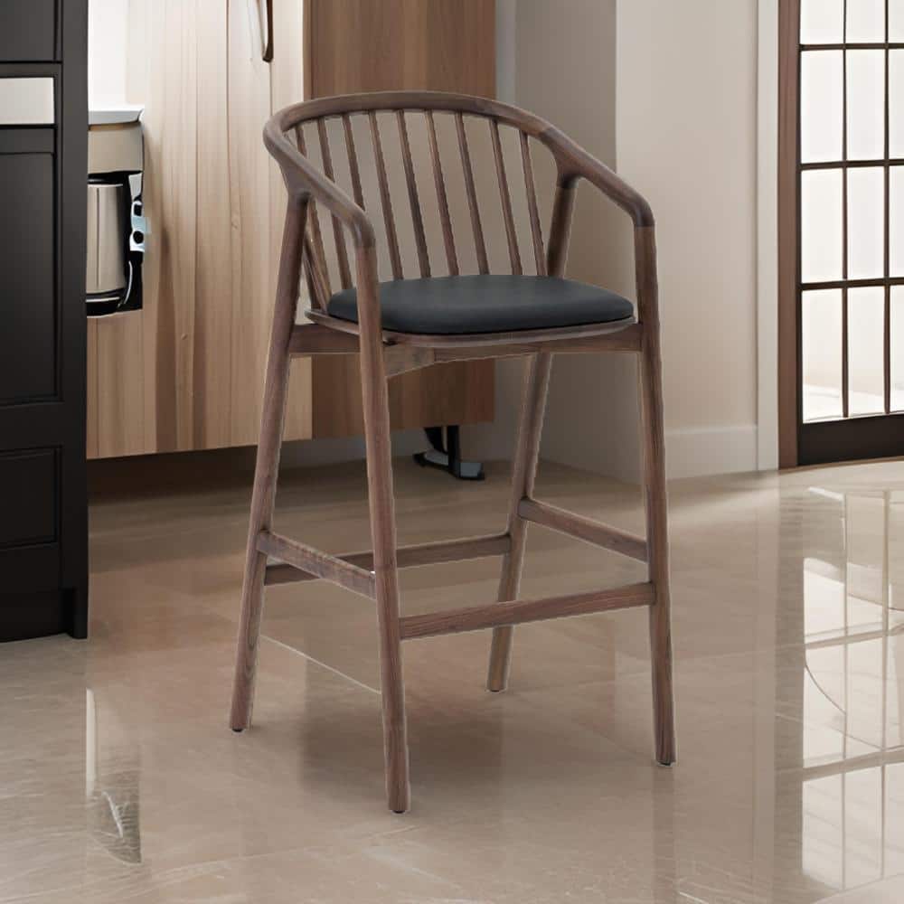 Benjara 33 in. Black and Brown Low Back Wood Frame Bar Stool with Faux ...