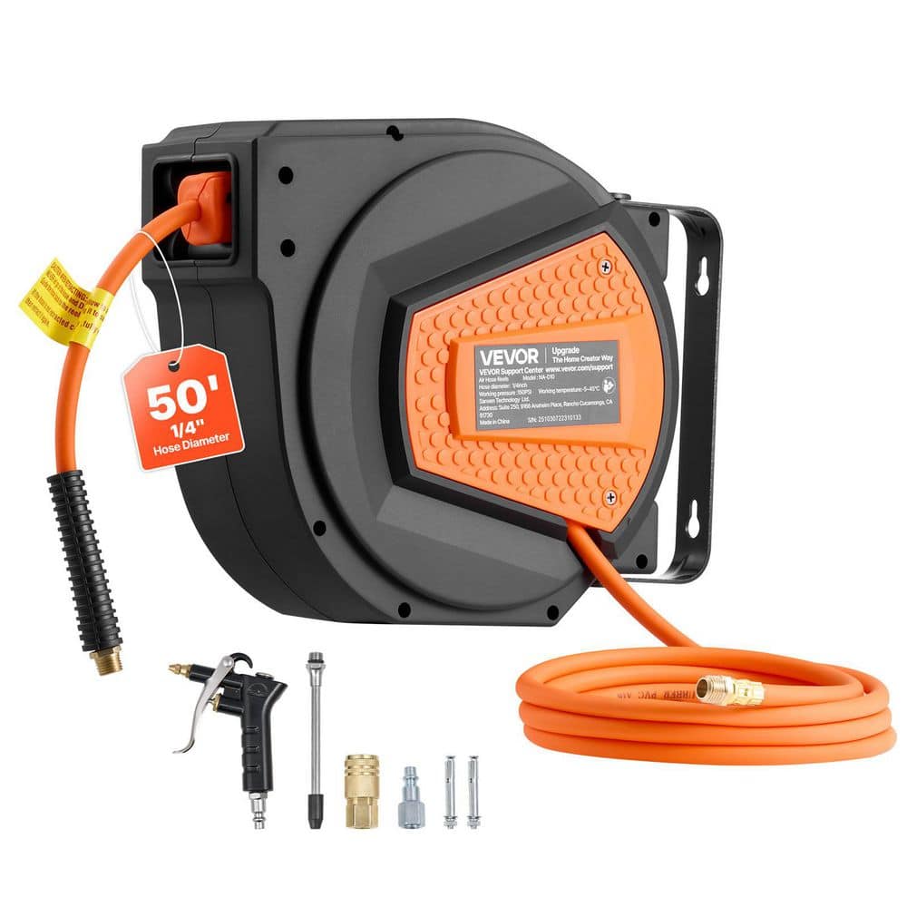 VEVOR Retractable Air Hose Reel, 1/4 in. x 50 ft. Hybrid Air Hose Max ...