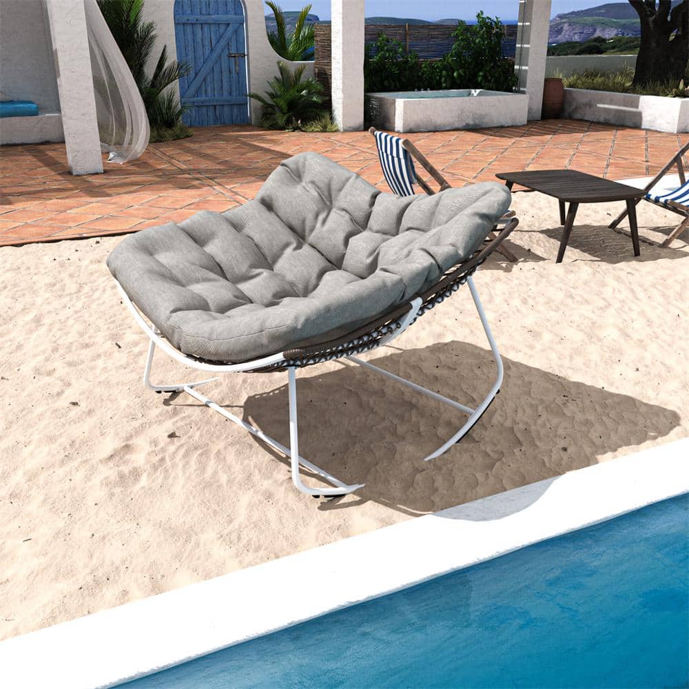 Light Grey Metal Outdoor Rocking Chair with Cushions and Dark Grey ...