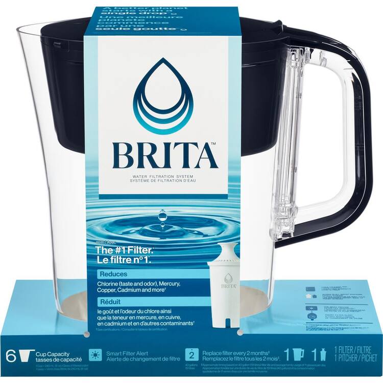 Brita Denali 6 -Cup Small Water Filter Pitcher in Black, BPA Free ...