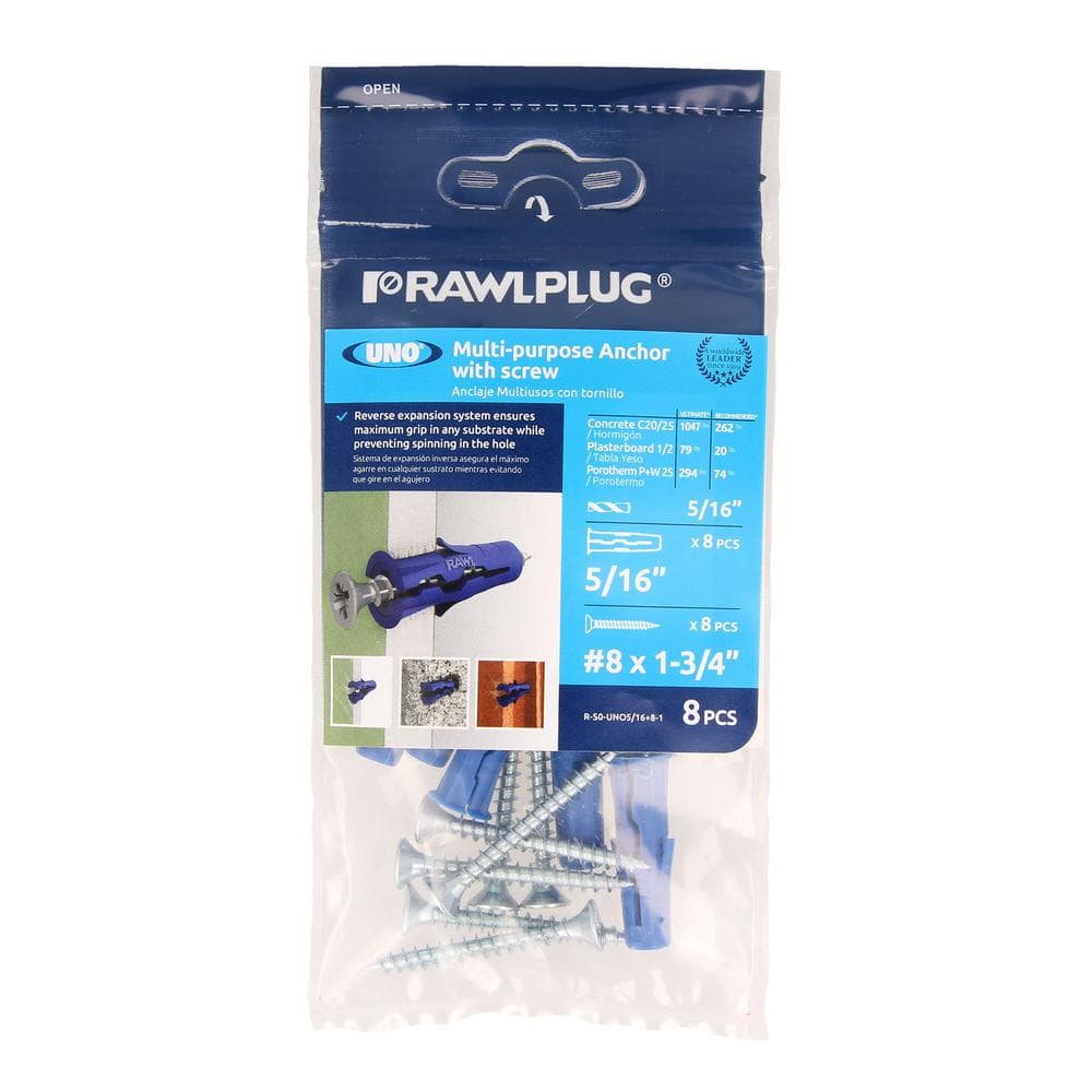 RAWLPLUG Uno Multi-Purpose Drywall Anchors 5/16 with Screws #9 x 1-3/4 20 lbs. (Pack of 8) R-S0 ...