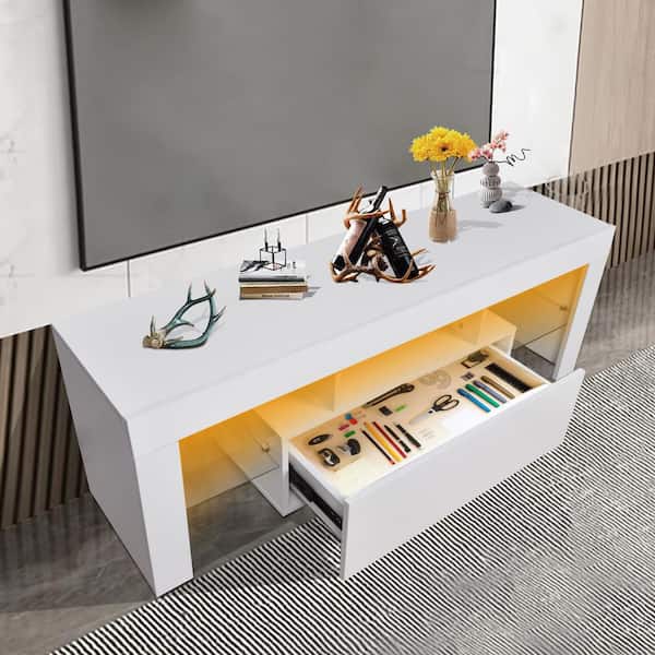 Polibi White TV Stand Fits TV s up to 43 in. with Drawer Modern TV Media Console Entertainment Center MB W76SD W The Home Depot