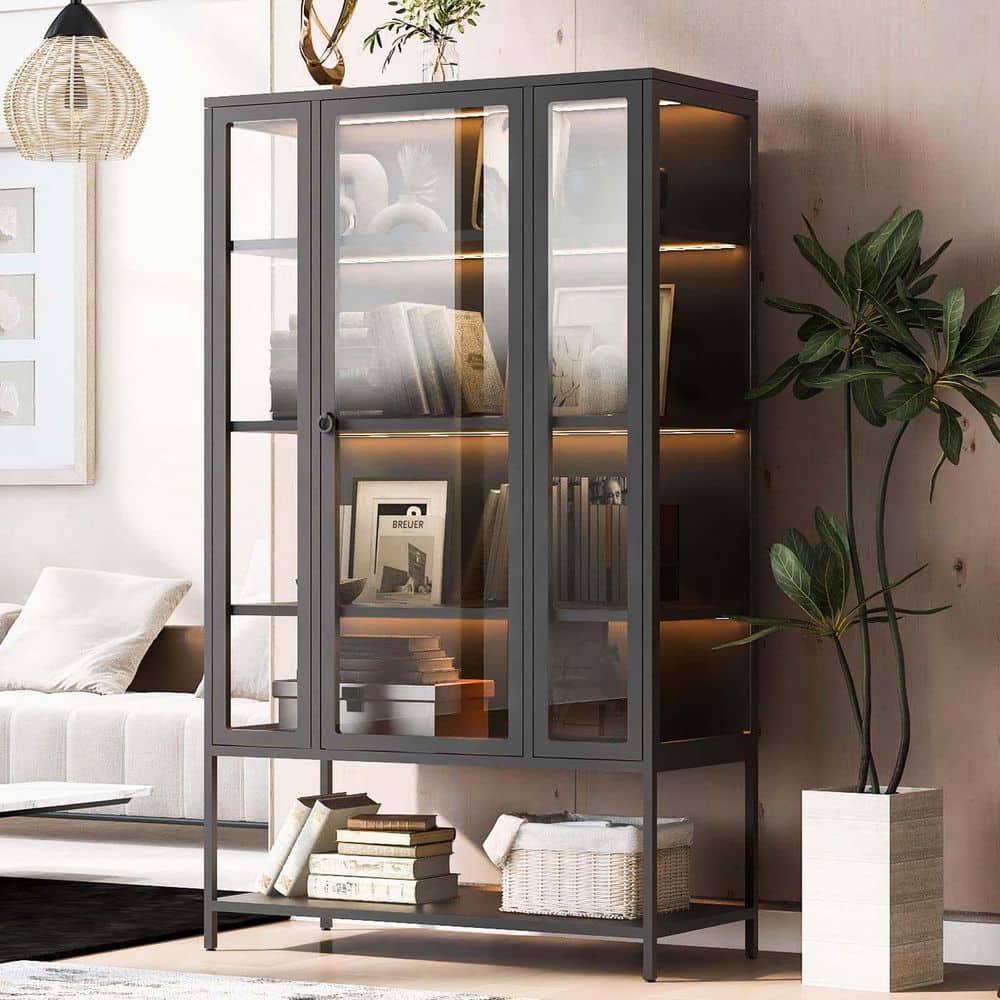 Black 67.25 in. Metal Display Cabinet Curio Cabinet Modern Storage ...