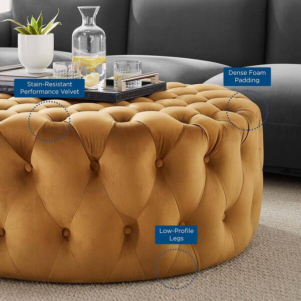 MODWAY Amour Tufted Button Large Round Performance Cognac Velvet Ottoman EEI 5469 COG The Home Depot